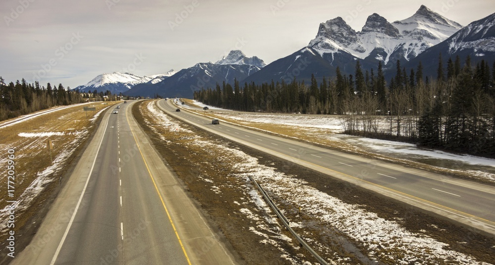 Trans Canada Highway (Hwy 1) Scenic Road from Canmore overpass with ...