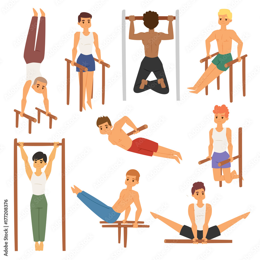 Cartoon horizontal chin-up strong athlete man gym doing bar exercise ...