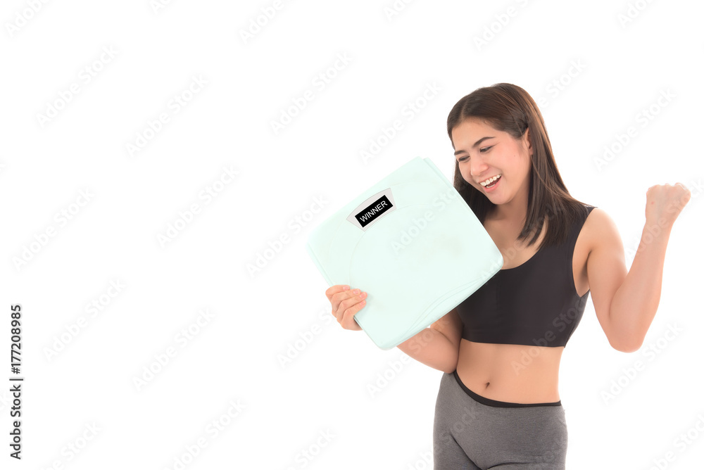 Woman holding Digital weight, Digital weighing scales Displaying winner ...