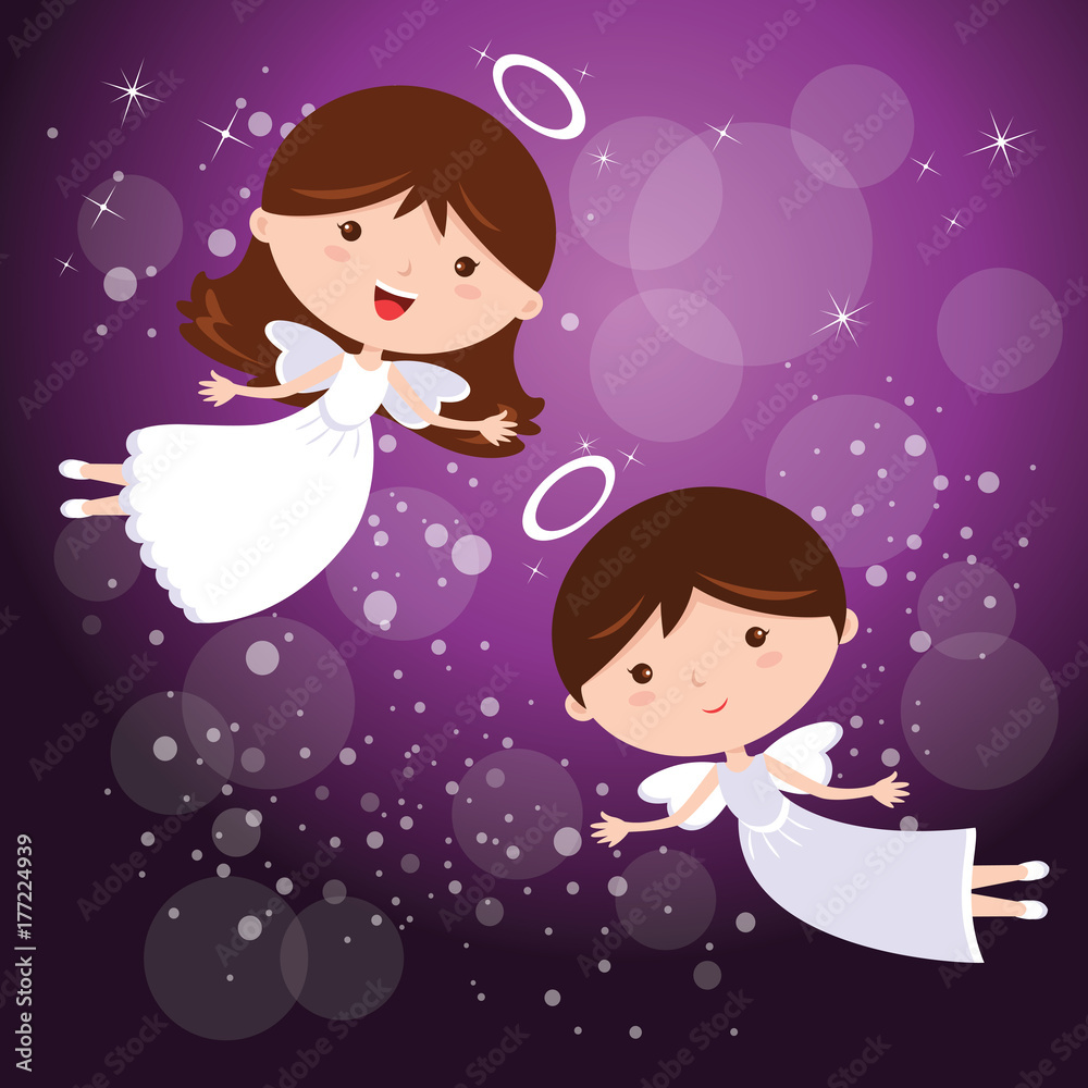 Angels with purple sky. Vector illustration of two little dancing ...