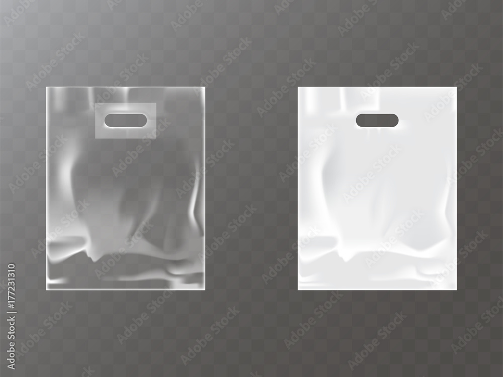 Transparent and white plastic or foil bag with hang hole isolated ...