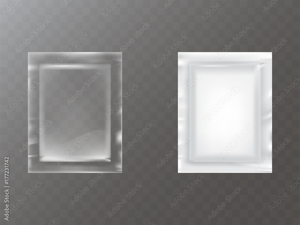 Transparent and white plastic or foil sachet isolated realistic vector ...