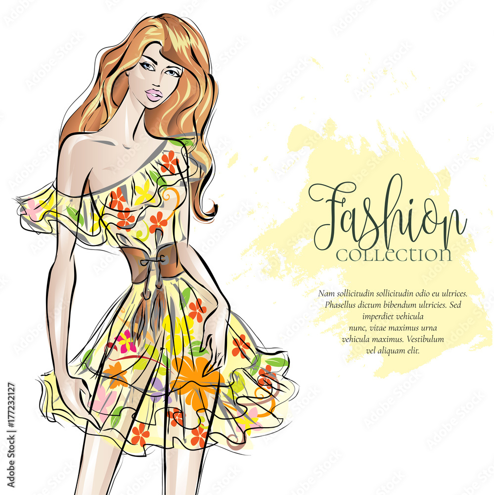 Fashion collection advertising brochure with trendy girl in sketch ...