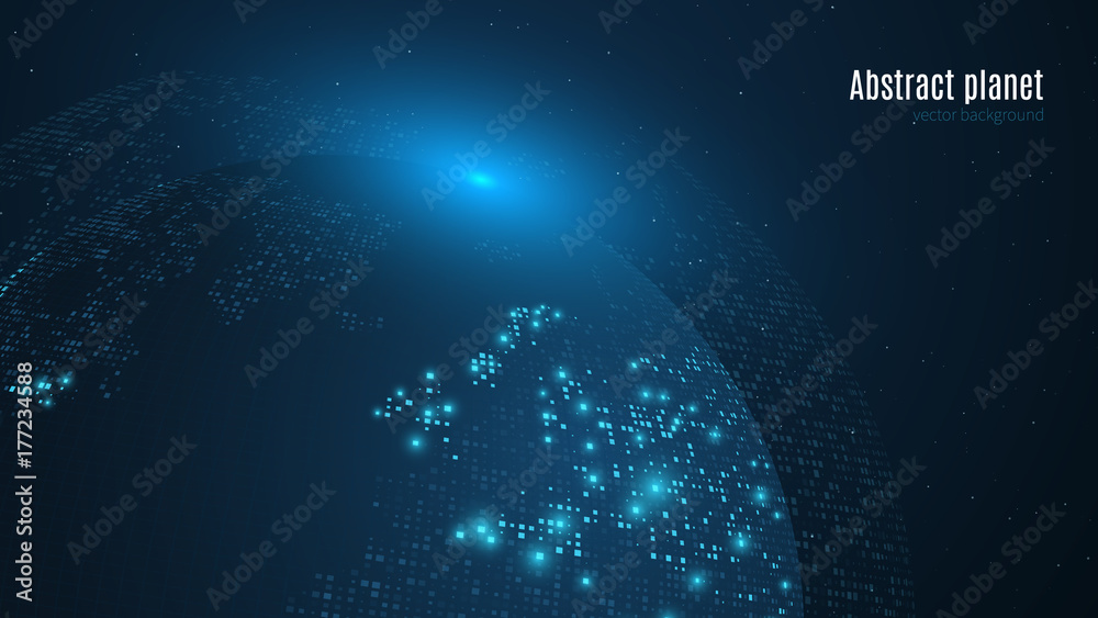 Abstract planet on a dark blue background. Earth. World map. Blue light ...