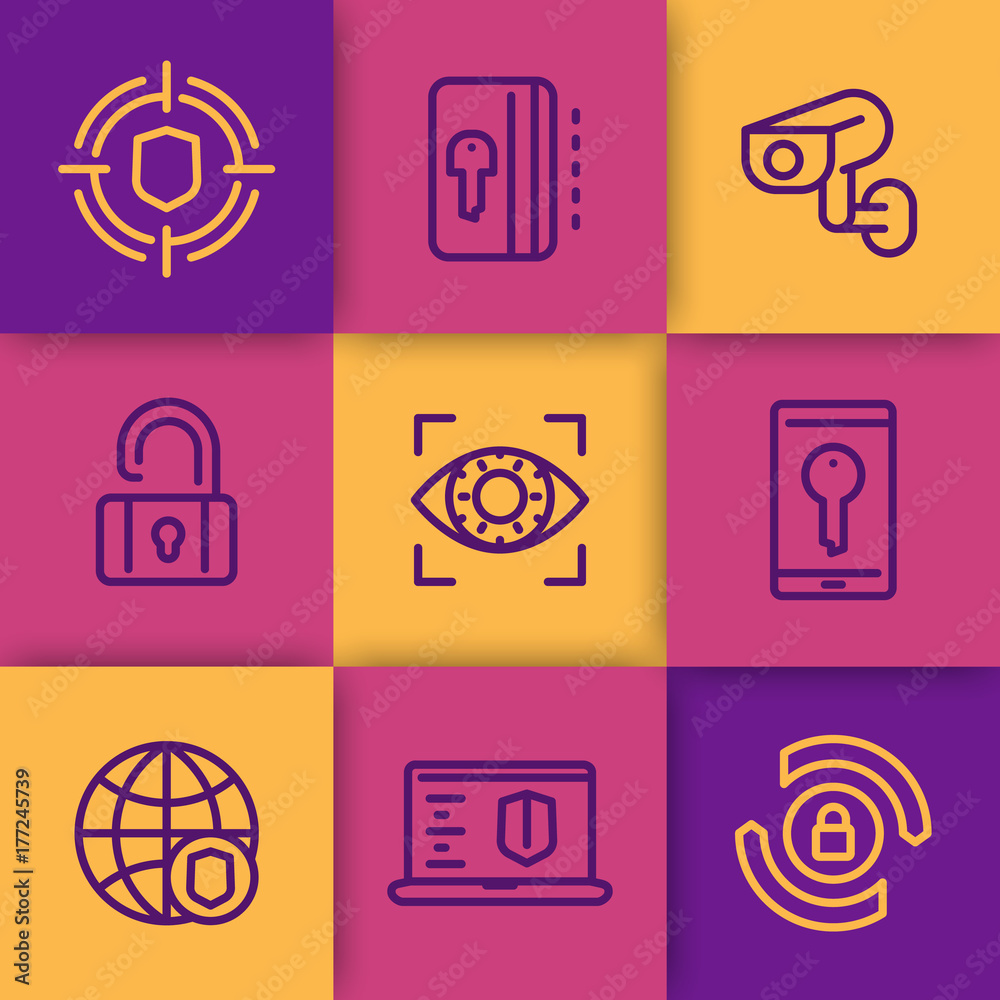 Security and protection line icons set, secure network, key card ...