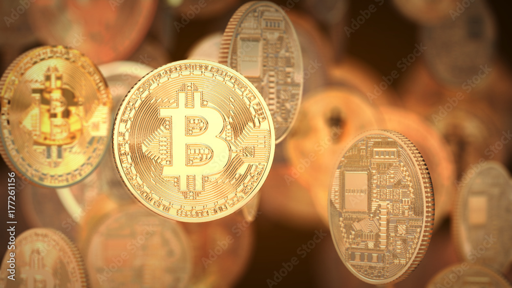 3D Rendering a shallow depth of field of Golden Bit-Coin Spinning ...