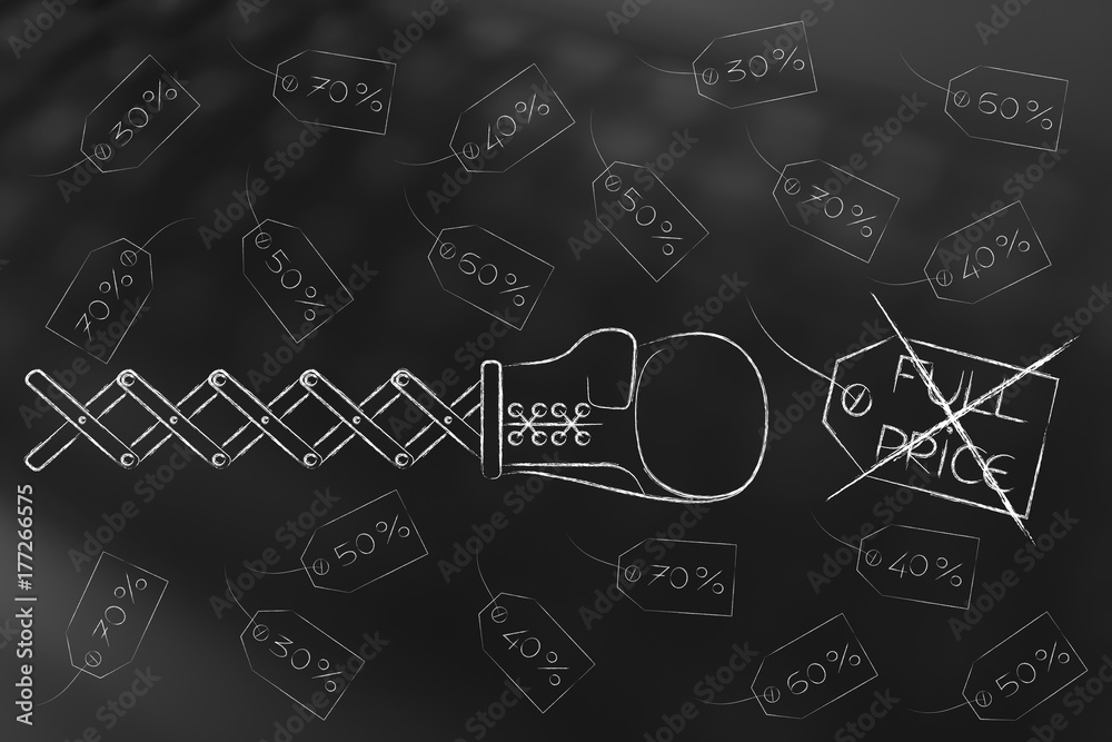 Full Price tag crossed out and punched by boxing glove on a spring ...