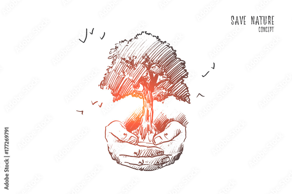 Save nature concept. Hand drawn human hands with tree. Caring for green ...