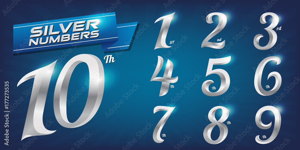 Set of metal numbers. Vector silver numbers. 1, 2, 3, 4, 5, 6, 7, 8, 9 ...