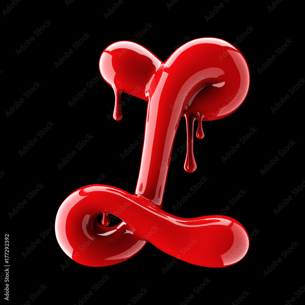 Leaky red alphabet on black background. Handwritten cursive letter L ...