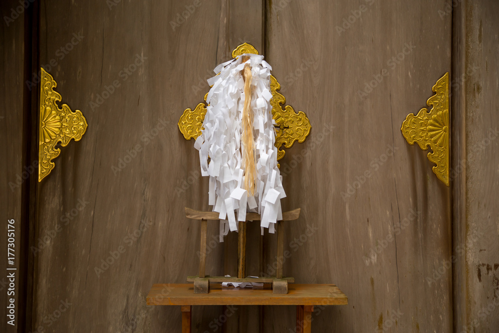 Close-up detail of a traditional Shinto wand known as an Onusa on a ...
