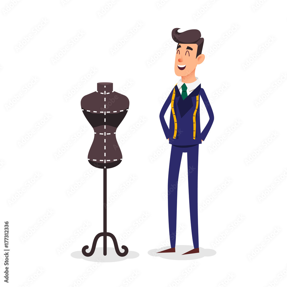 Cartoon happy tailor couture with a centimeter ribbon around his neck ...