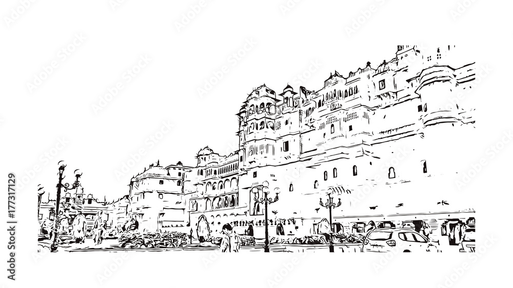 Sketch of Udaipur Palace, India in vector illustration. Stock Vector ...