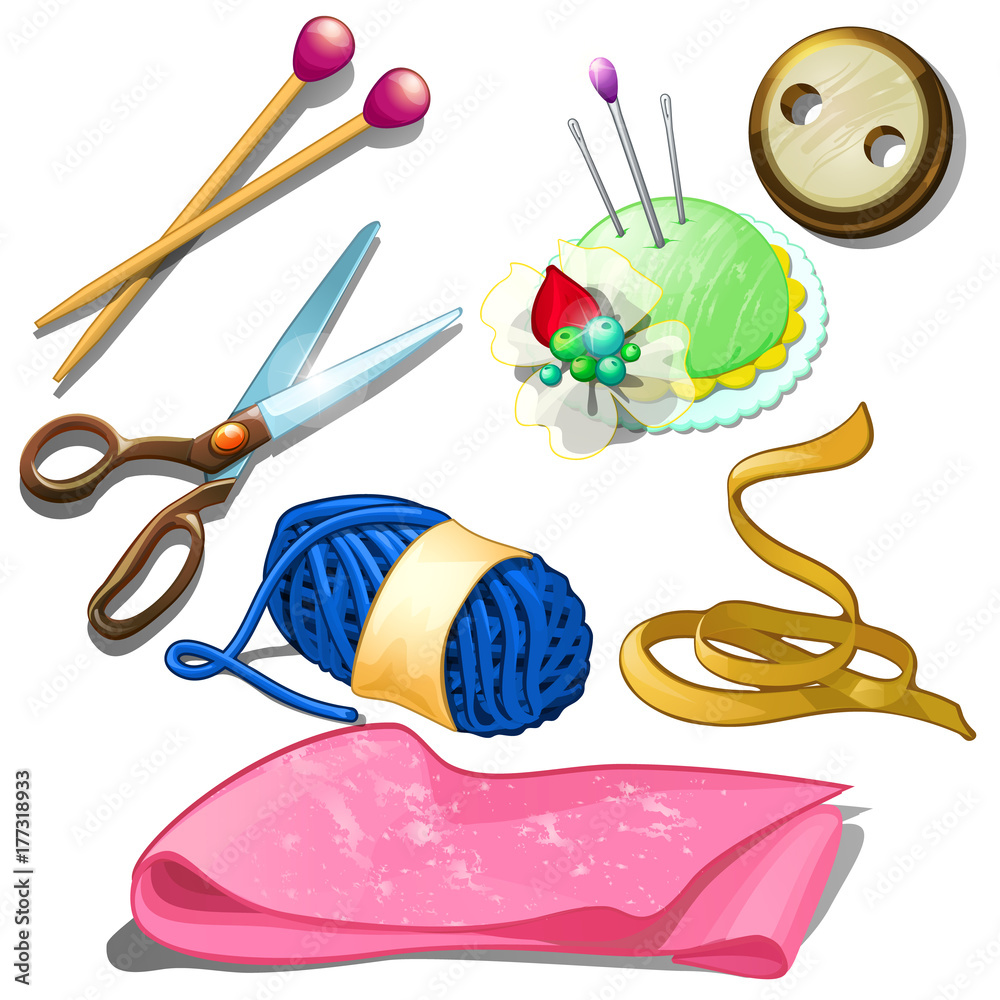 Tools and materials for seamstress - needles, scissors, needles, fabric ...