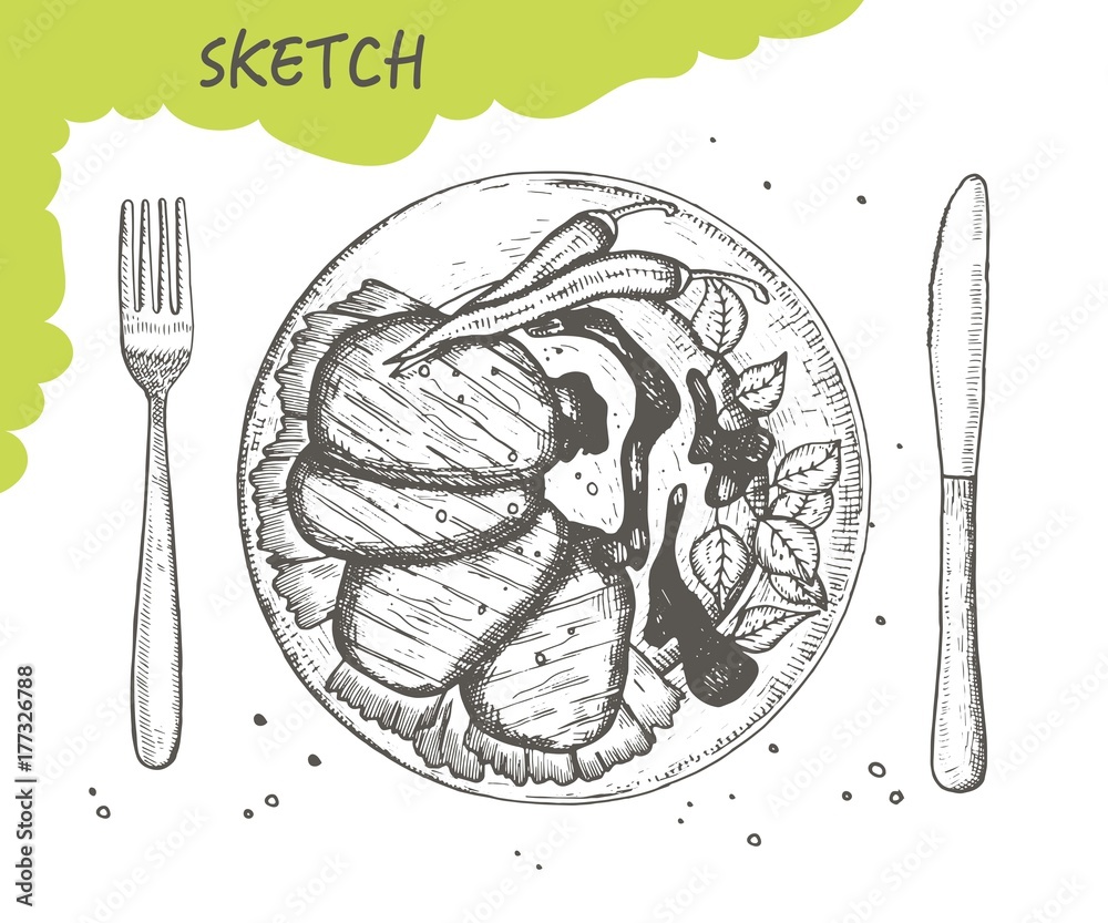 beef medallions with chili peppers and a plate sketch vector sauce ...