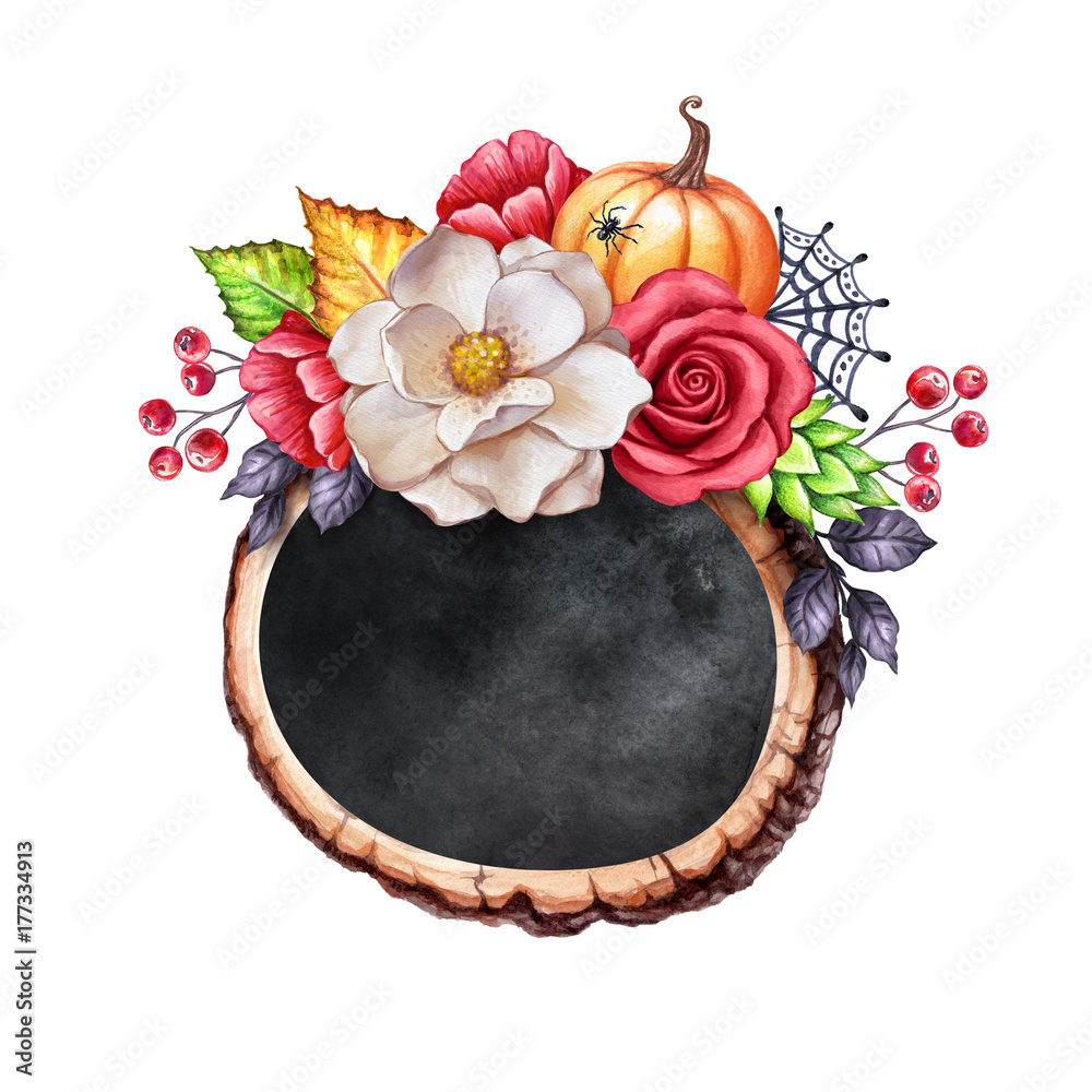 autumn watercolor botanical illustration, Halloween chalkboard banner ...