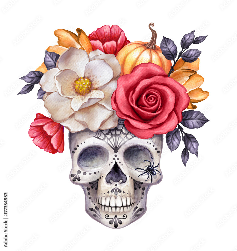 watercolor illustration, Halloween floral skull, fall flowers, autumn ...
