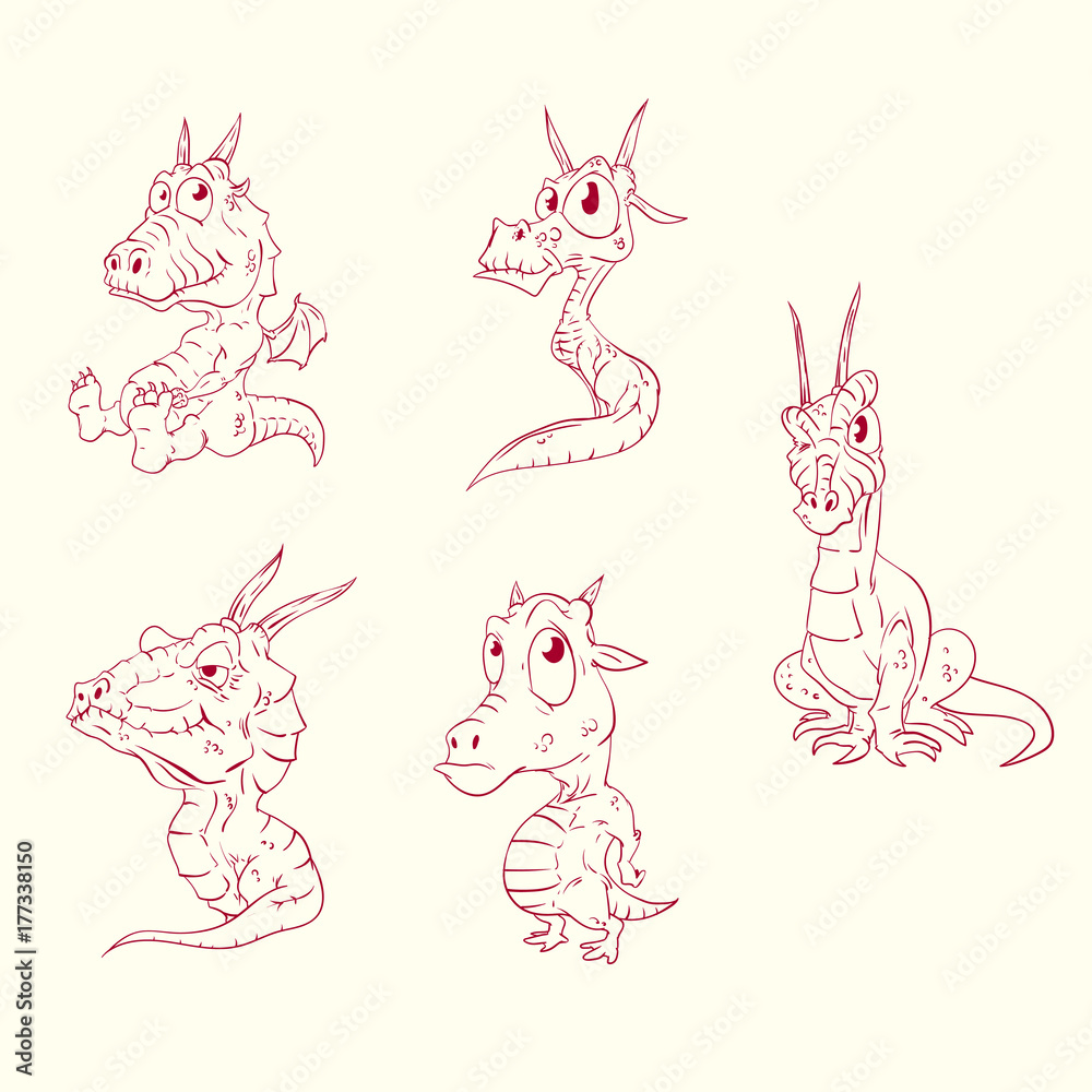 Collection of line drawing vector illustrations of baby dragons Stock ...