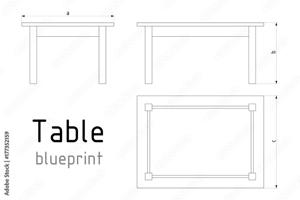 Table furniture wireframe blueprint with dimensions. Linear outline ...