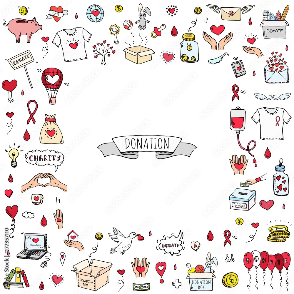 Hand drawn doodle Donation icons set. Vector illustration. Charity ...