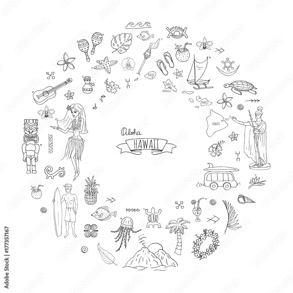 Hand drawn doodle Hawaii icons set Vector illustration isolated symbols ...