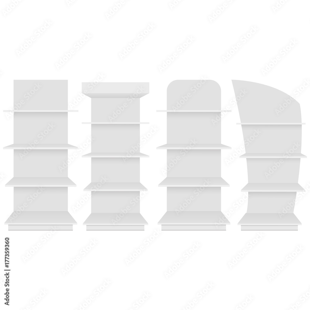 Blank empty showcase display with retail shelves. Vector mock up ...