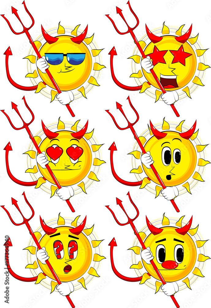 Cartoon devil sun with pitchfork. Collection with various facial ...