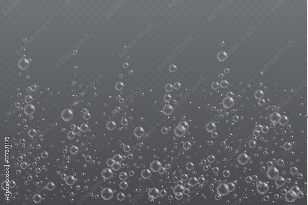 Realistic fizzing air bubbles, effervescent water on transparent ...