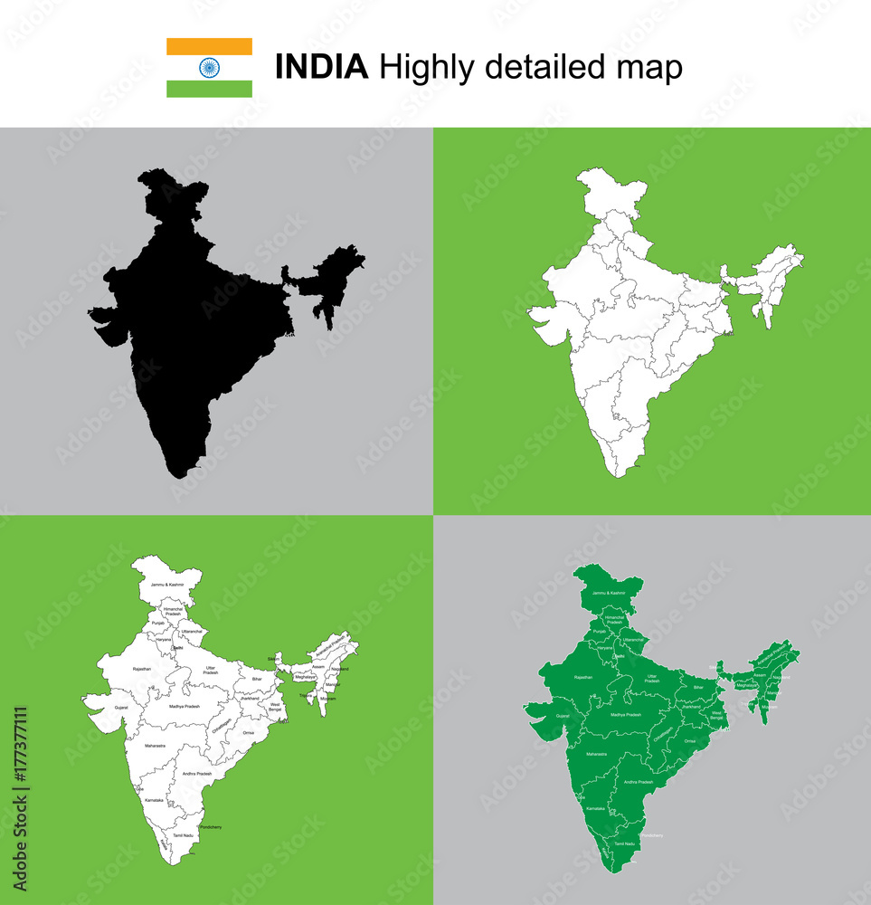 India map. vector highly detailed political map with regions, provinces ...
