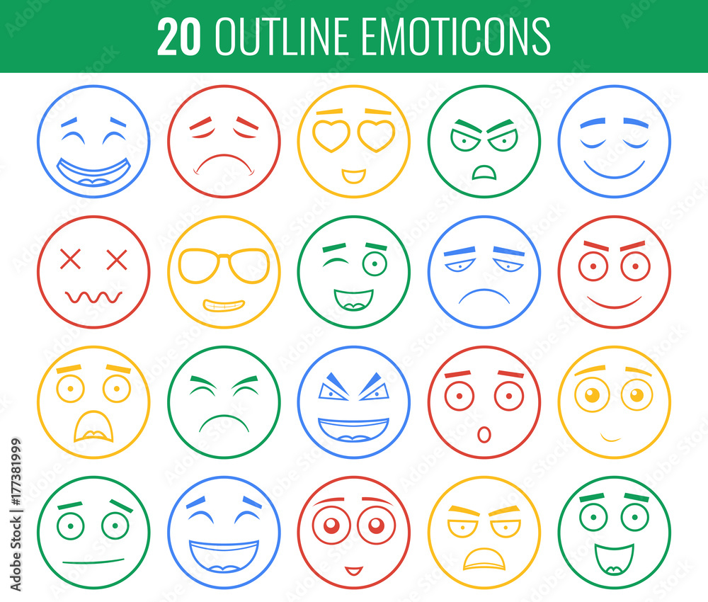 Set of outline emoticons, emoji isolated on white background. Emoticon ...
