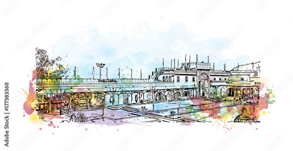Watercolor sketch with splash of City Palace, Udaipur, India in vector ...