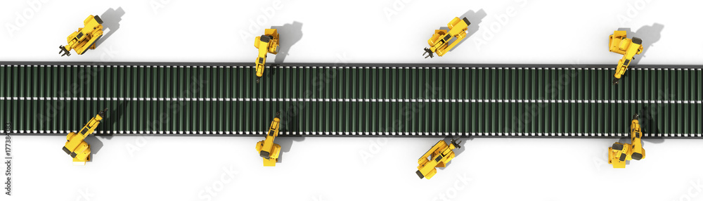 automated industrial conveyor top view 3d rendr on white Stock ...