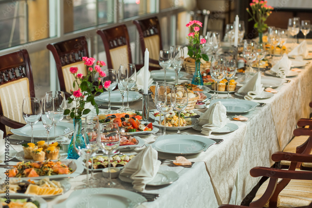 Beautiful festive table served for wedding celebration dinner at home ...
