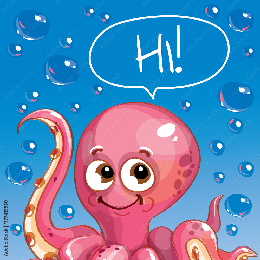 Vector illustration of cartoon octopus. Hi. Stock Vector | Adobe Stock
