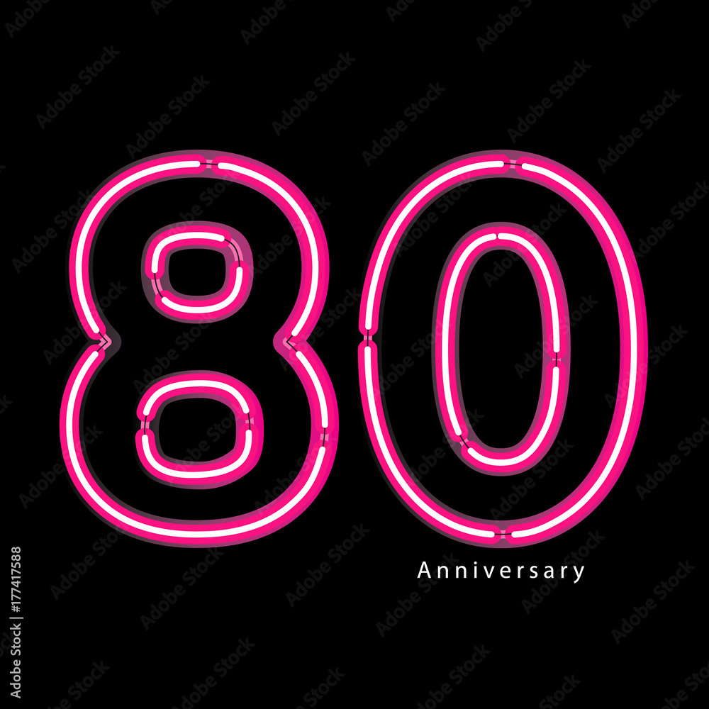 Neon light effect celebrating, anniversary of number 80th year ...