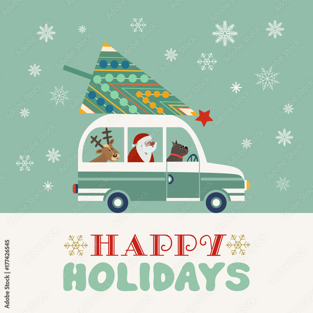 Happy holidays poster. Cute deer, dog, danta Claus Christmas tree by ...