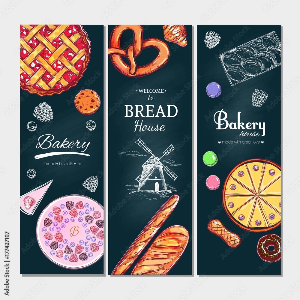 Bakery and bread banners. Different types of pastries and cakes with ...
