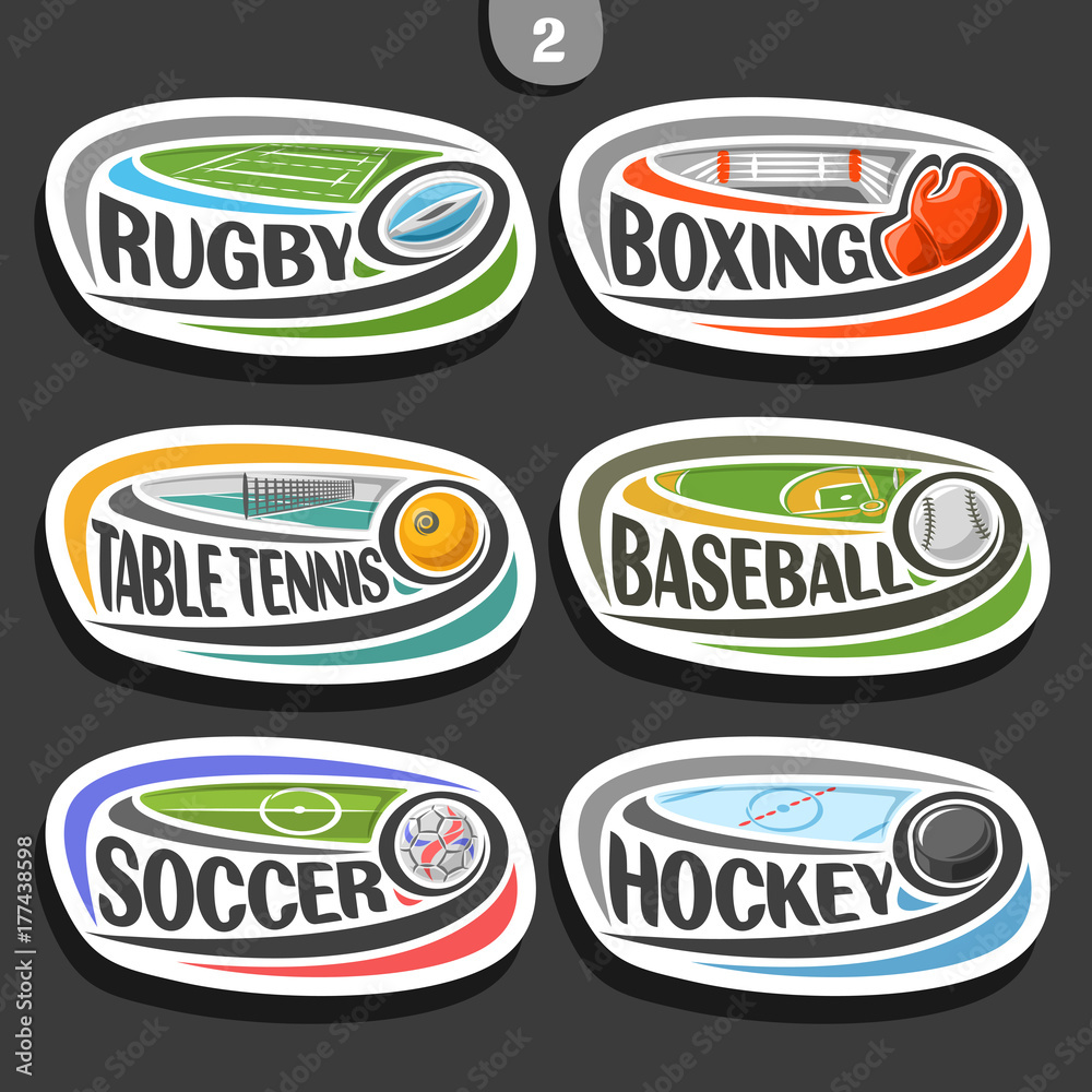 Vector set of sport logos, 6 oval simple badges with flying ball on ...