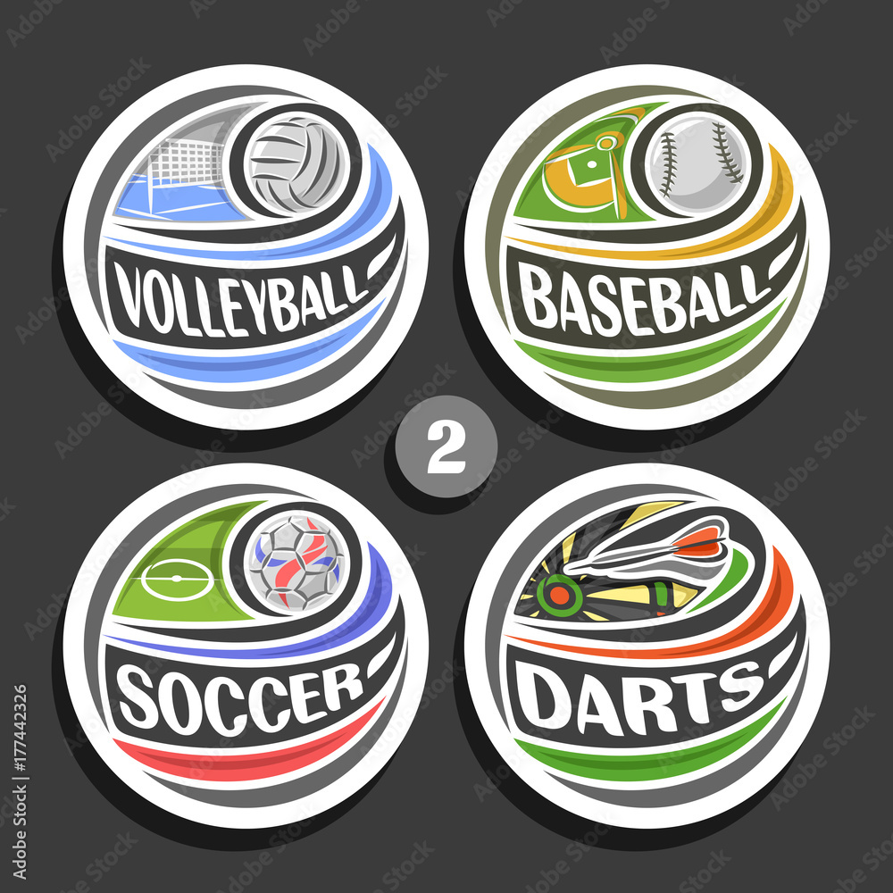 Vector set of sport logos, 4 round simple badges with flying ball on ...