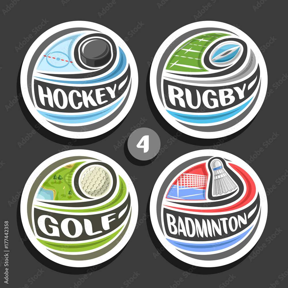 Vector set of sport logos, 4 round simple badges with flying ball on ...