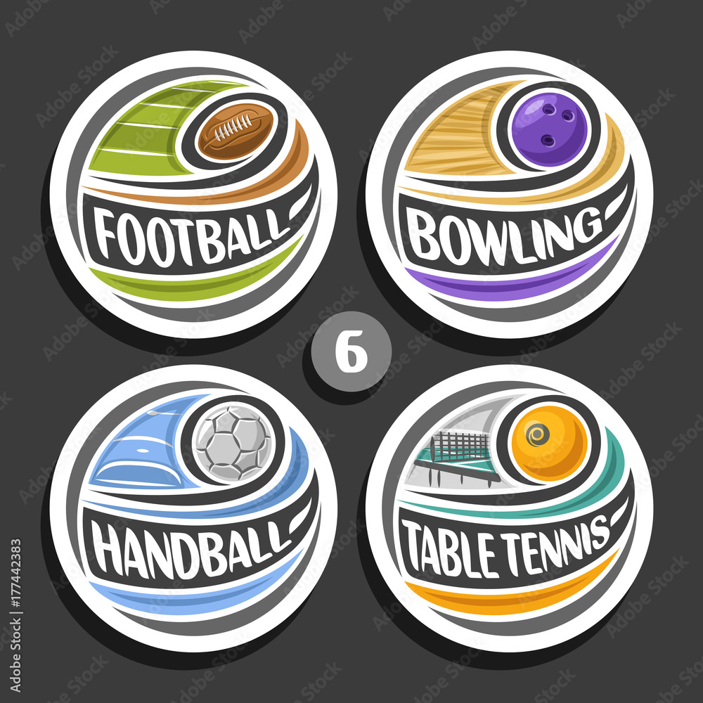 Vector set of sport logos, 4 round simple badges with flying ball on ...