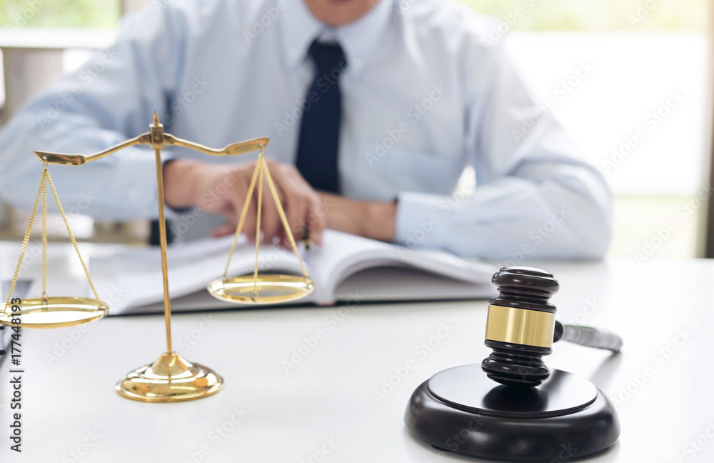 Judge gavel with scales of justice, male lawyers working having at law ...