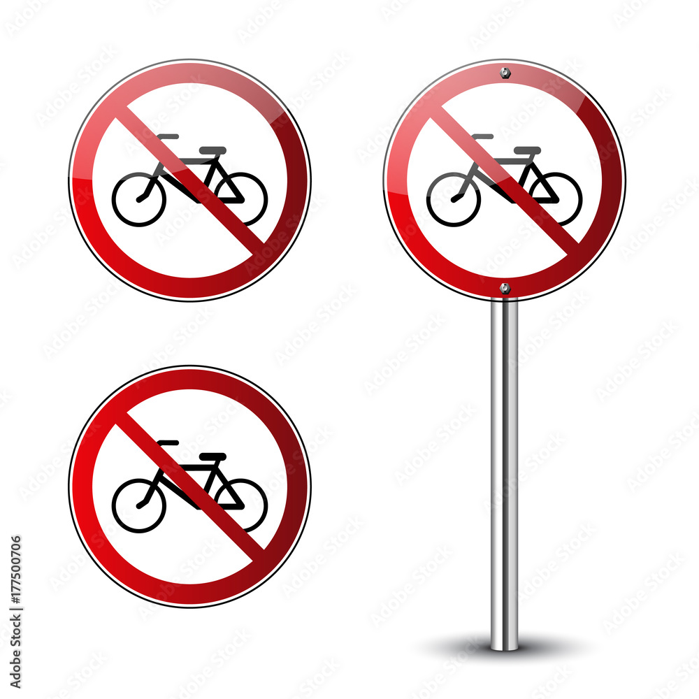 No bicycle signs set. Forbidden red road sign isolated on white ...