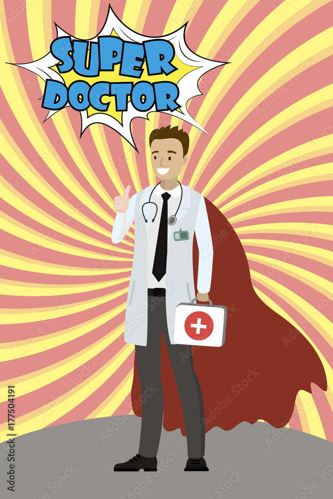 cartoon Doctor male in hero cloak ,Super doctor text in comic style ...