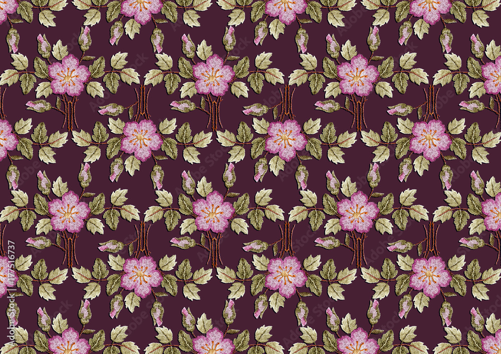 Burgundy background from embroidered flowers, pink purple roses, buds ...