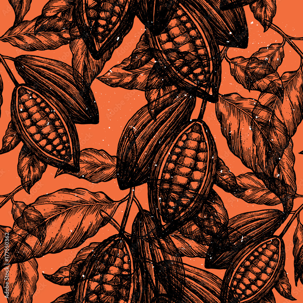 Cocoa bean tree seamless pattern. Engraved style illustration ...