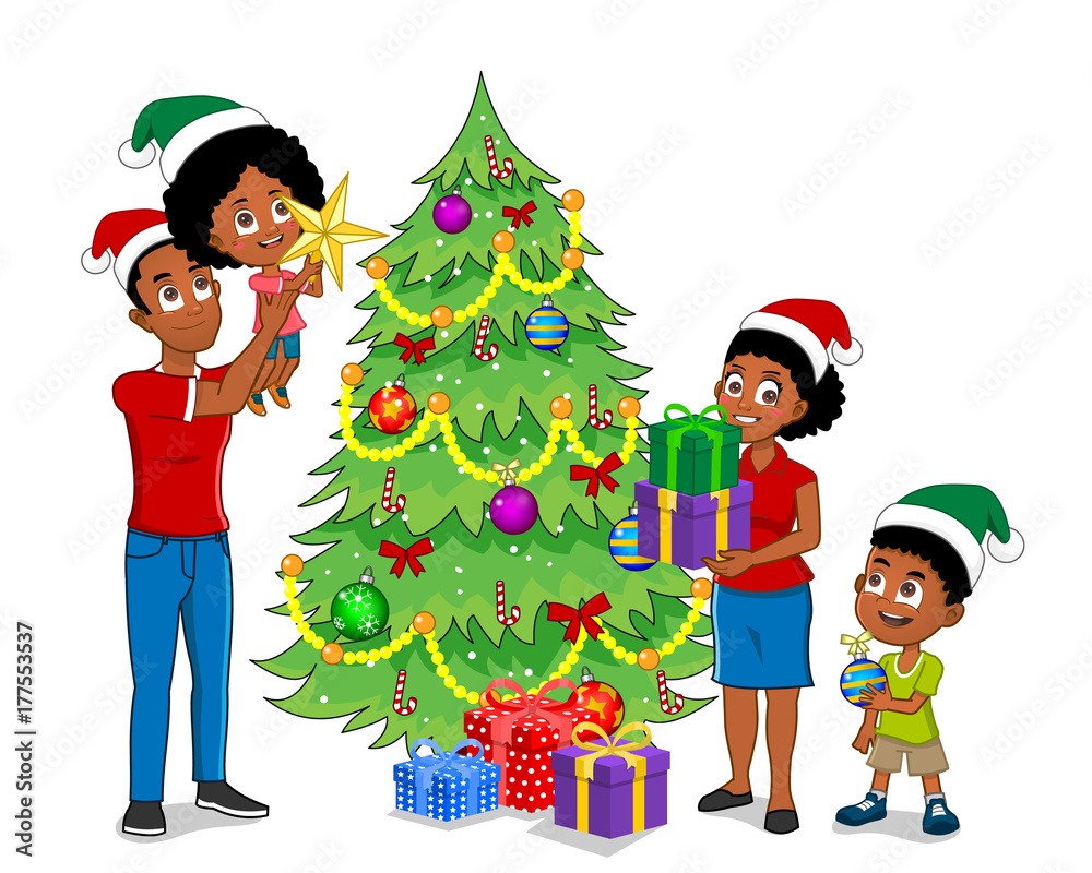 family decorating Christmas tree Stock Vector | Adobe Stock