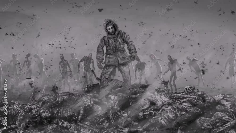 Living person rises from pile of corpses. Environment of zombies ...