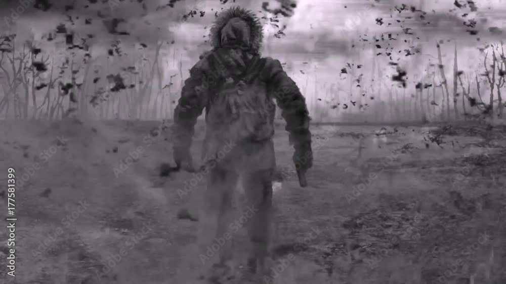 Wanderer goes to side of sunrise. Man trying reach horizon darkness ...