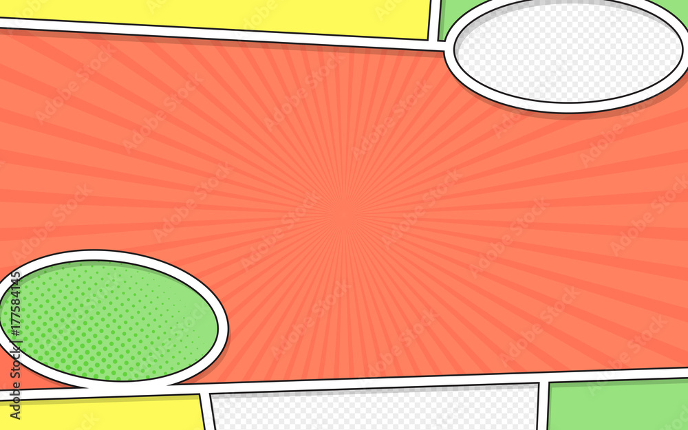 Vector mock-up of a typical comic book page. Pop art style. Colorful ...